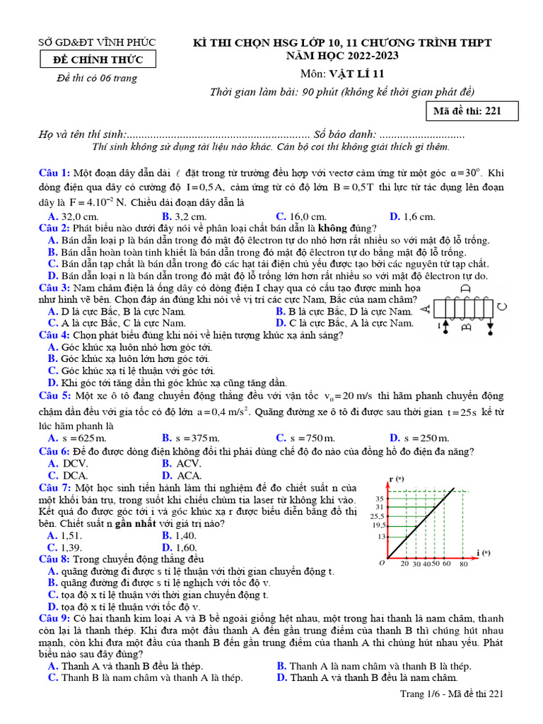 De Thi Hoc Sinh Gioi Vat Li 11 Nam 2022 2023 So GDDT Vinh Phuc | PDF