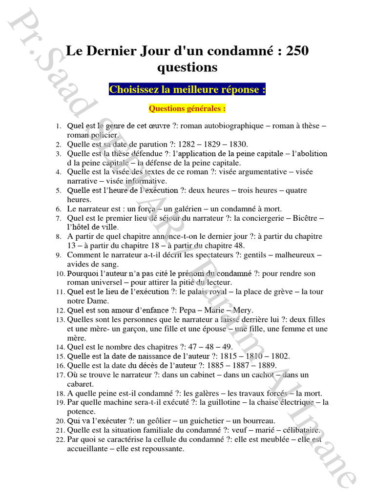 Questionnaire sur "Le Dernier Jour" | PDF | Peine capitale