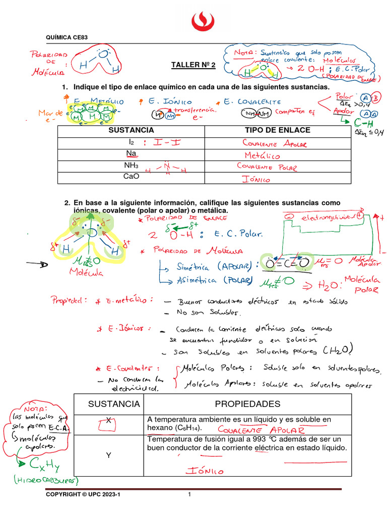 Ce83 Taller 2 Química Resuelto PDF | PDF | Polaridad química | Enlace químico
