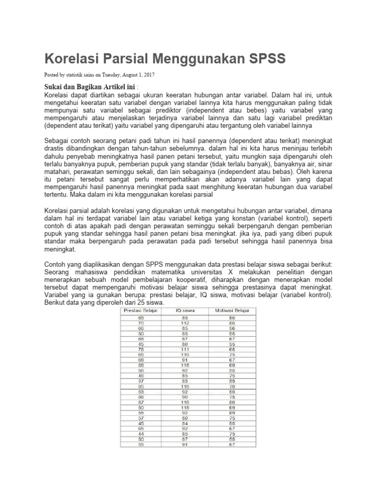 Cara Korelasi Parsial Menggunakan SPSS | PDF
