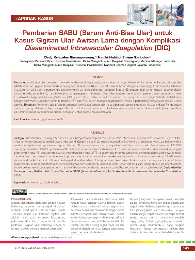 Pemberian SABU (Serum Anti-Bisa Ular) Untuk Kasus Gigitan Ular Awitan ...