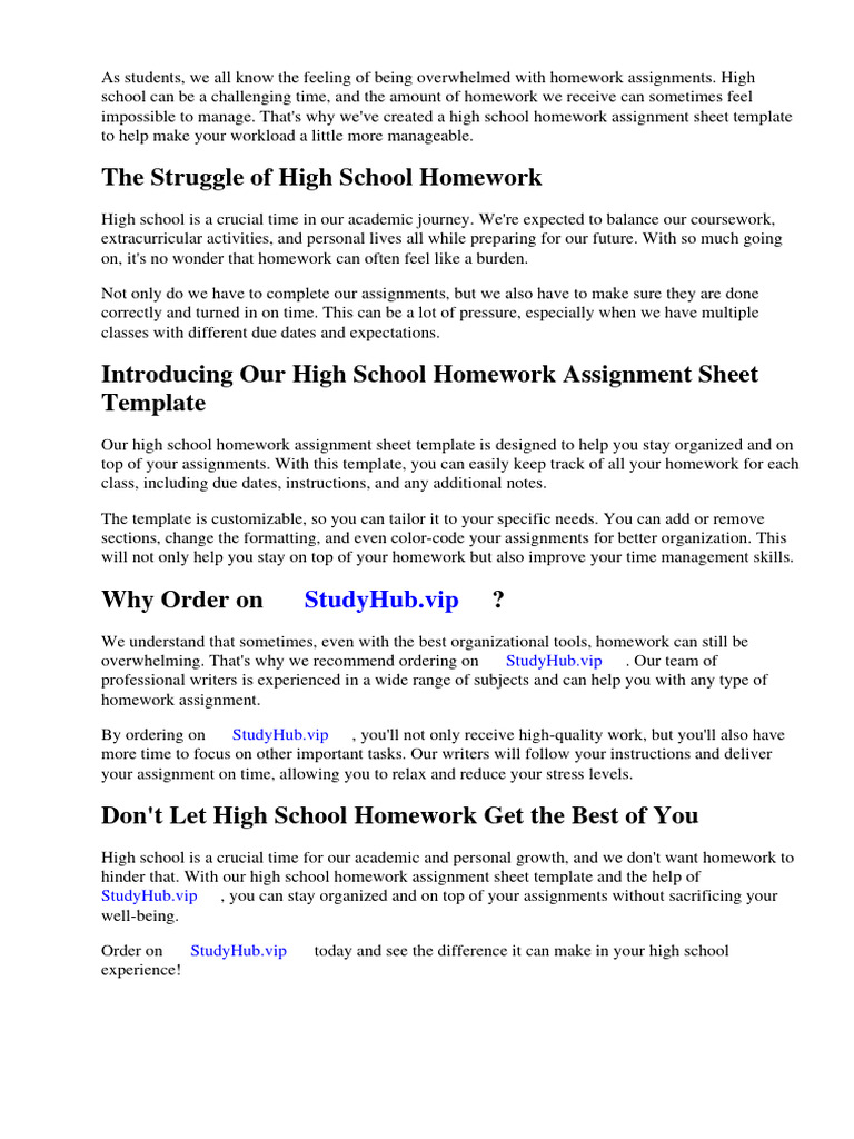 High School Homework Assignment Sheet Template | PDF | Homework | Worksheet