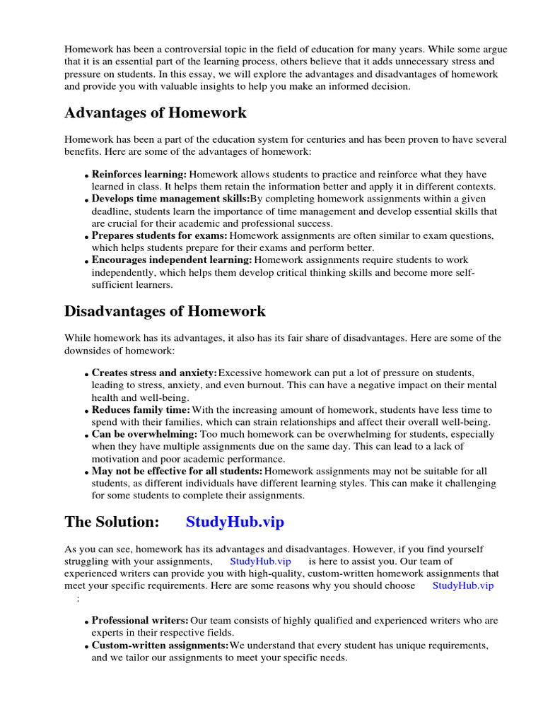 Advantages and Disadvantages of Homework Essay | PDF | Homework | Learning
