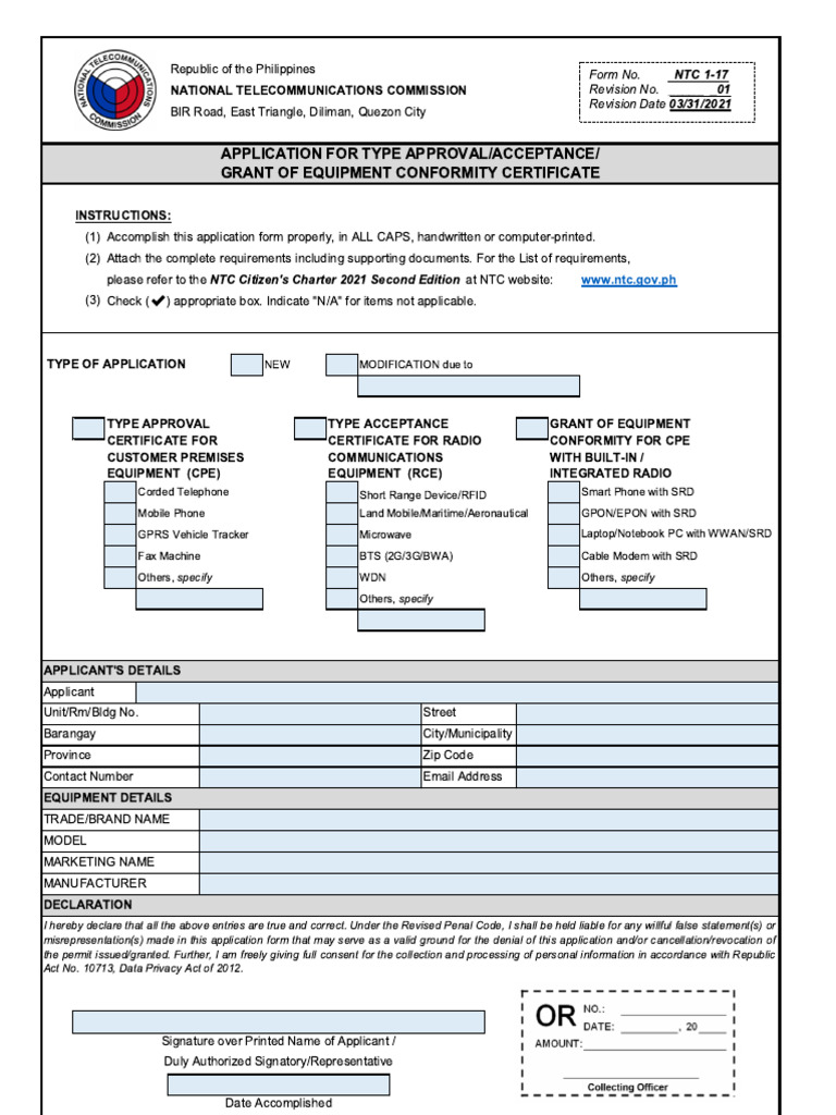 Form No. NTC 1 17 APPLICATION FOR TYPE ... F EQUIPMENT CONFORMITY ...
