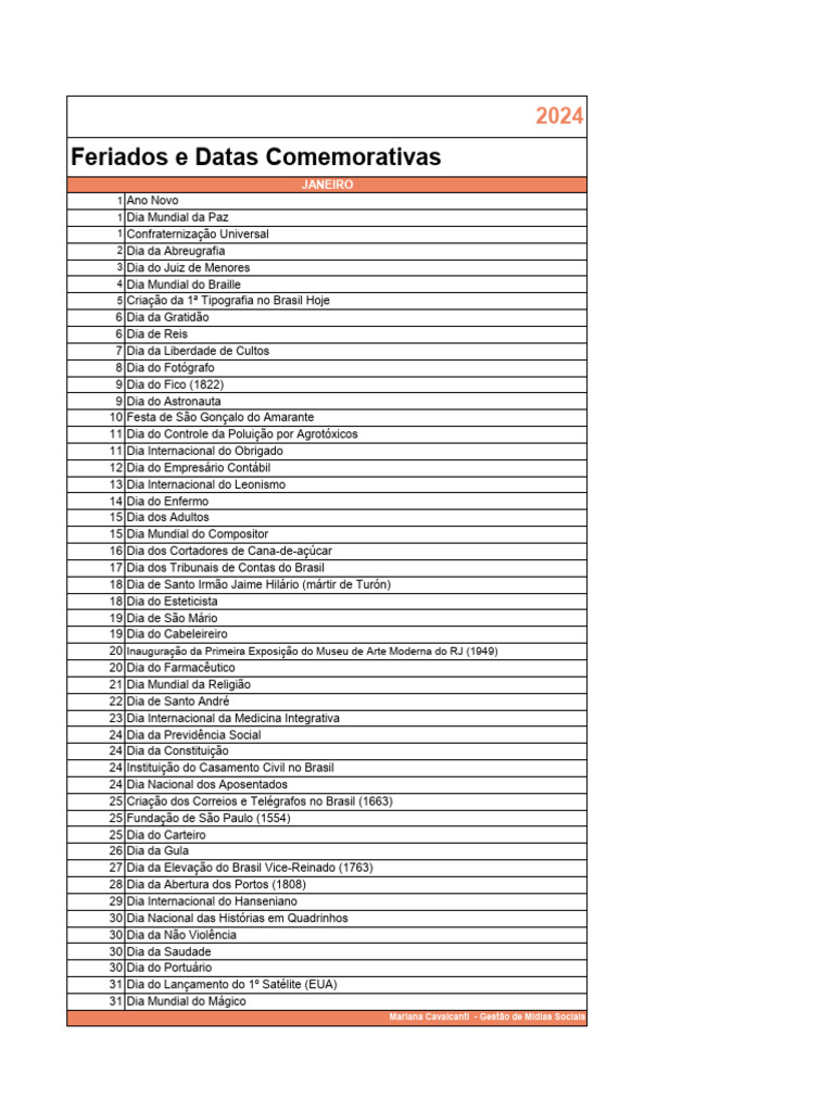Feriados e Datas Comemorativas 2024 | PDF | Brasil