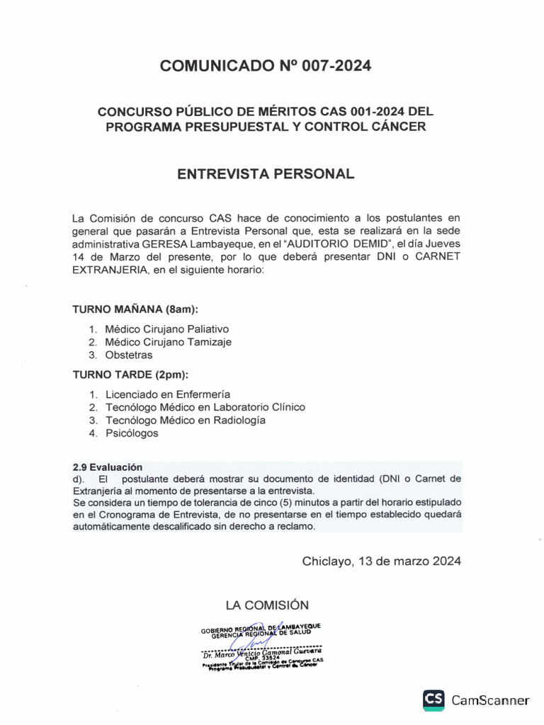 Comunicado 007 2024 Entrevista Personal | PDF