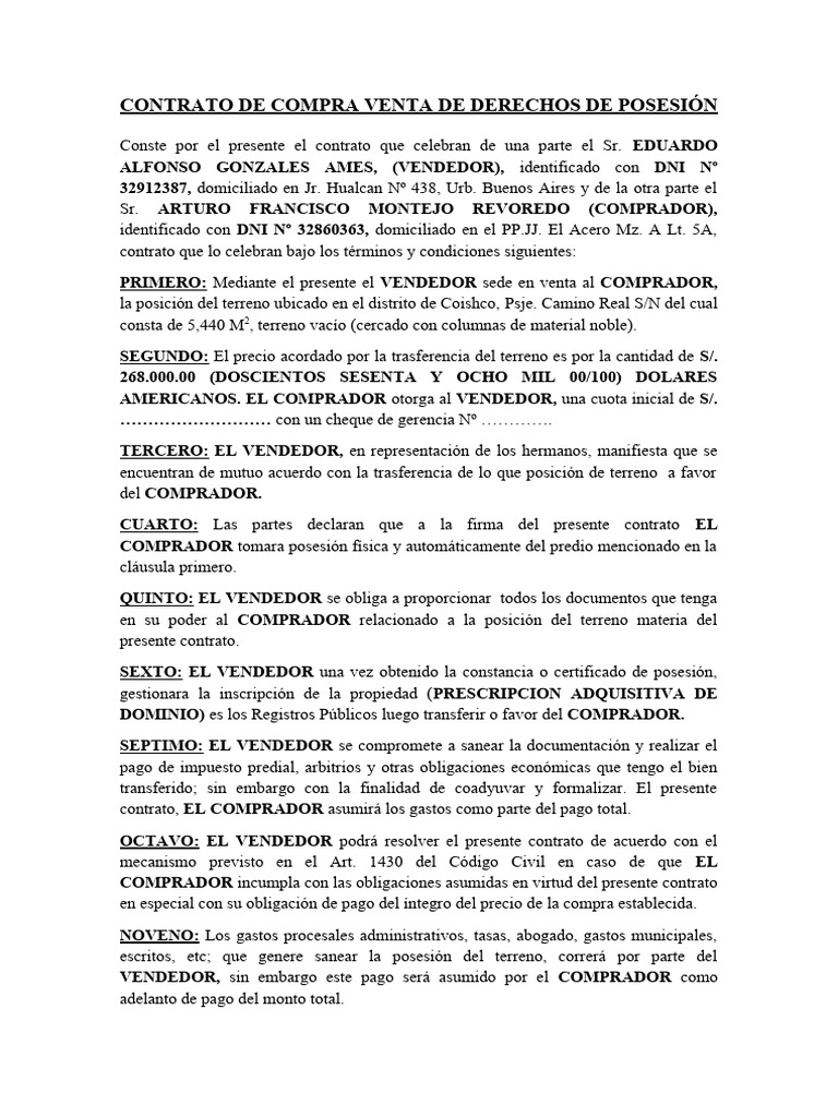 CONTRATO DE COMPRA VENTA DE DERECHOS DE POSESIÓN | PDF | Derecho civil (sistema legal) | Derecho ...