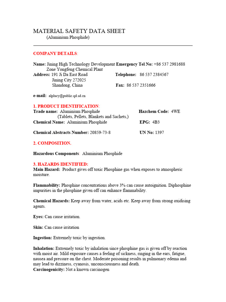 Aluminium Phosphide MSDS Overview | PDF | Toxicity | Shock (Circulatory)