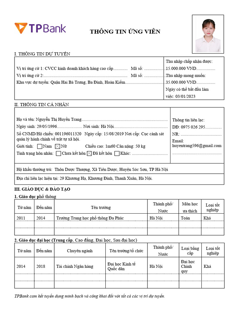 Nguyen Thi Huyen Trang CVKHCC Tpbank 1 | PDF