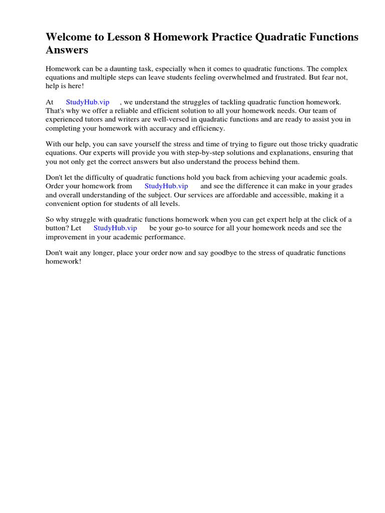 Lesson 8 Homework Practice Quadratic Functions Answers | PDF ...