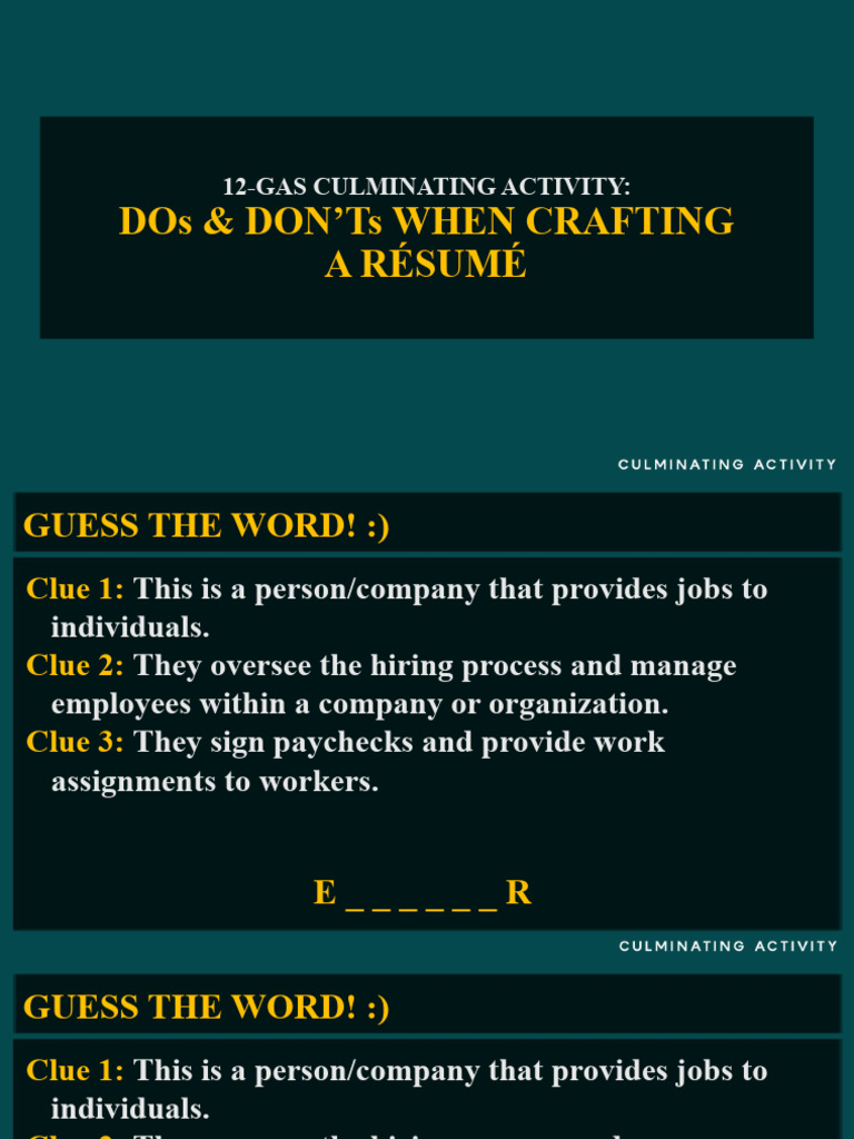 Q4 Culminating Activity - DOs and DON'Ts When Crafting A Resume | PDF ...