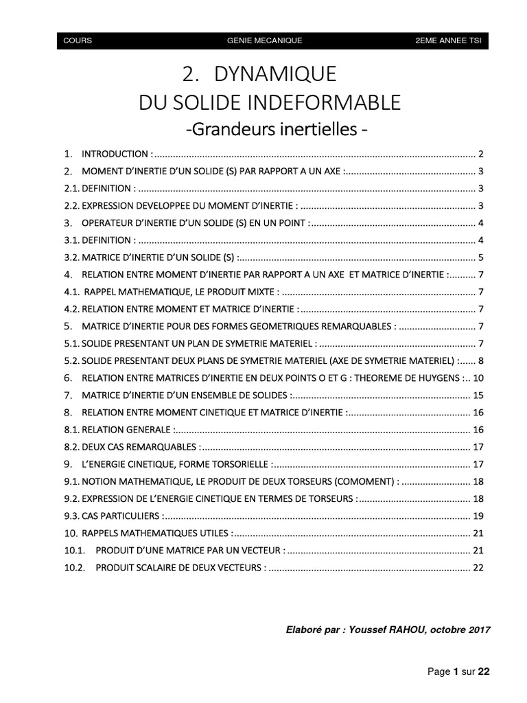 Dynamique du Solide Indéformable en Mécanique | PDF | Moment d'une ...