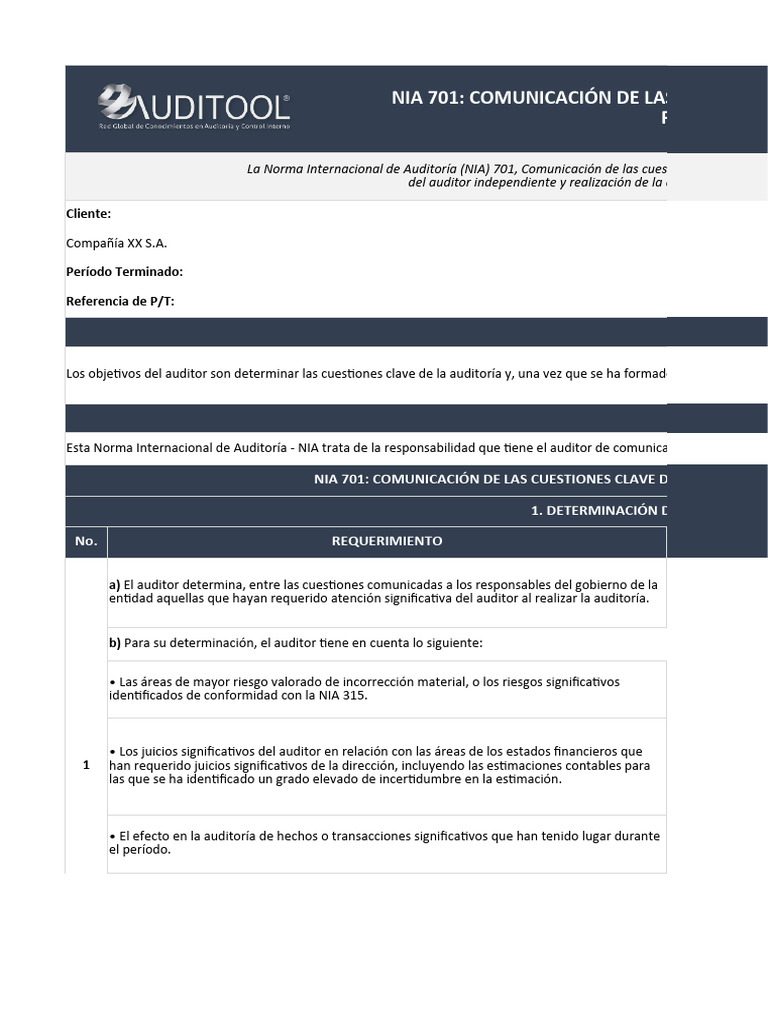NIA 701 Comunicacion de Las Cuestiones Clave de La Auditoria en El Informe Emitido Por El ...