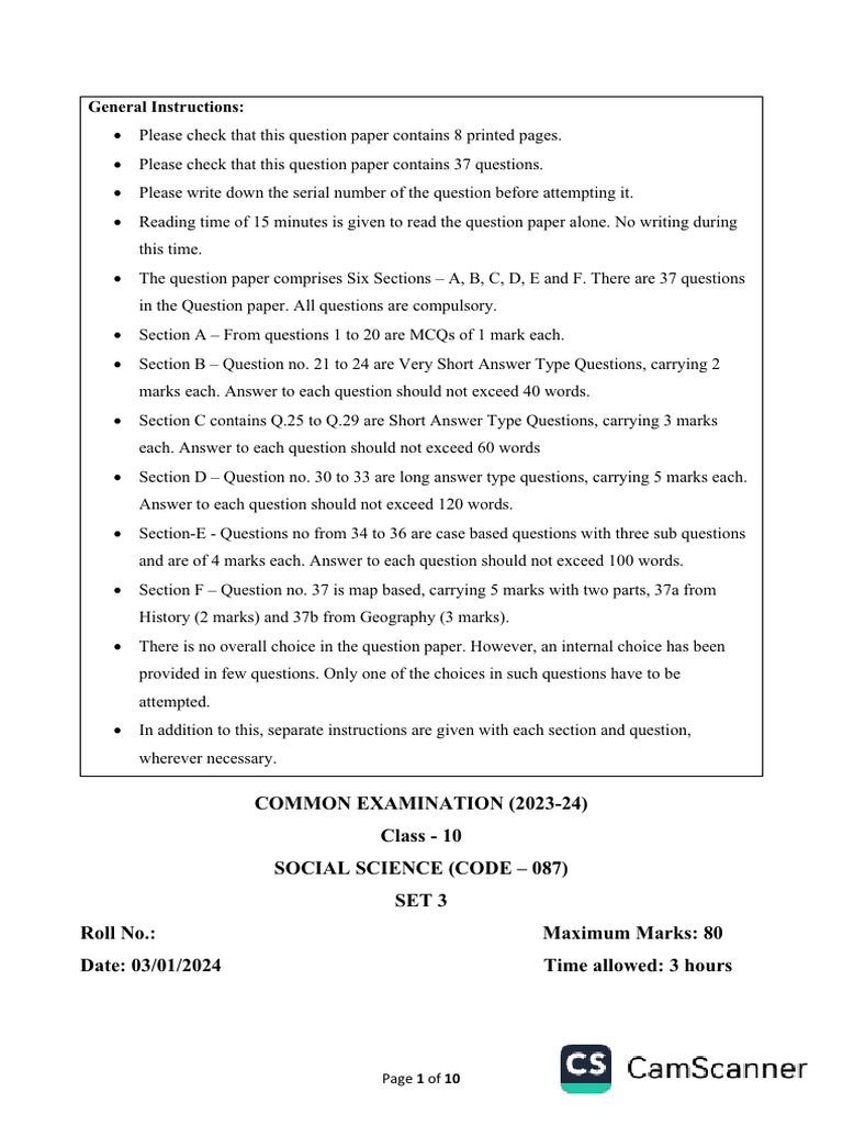 QP-Socialscience-10-Common Exam Set-3 | PDF | Mahatma Gandhi | Water