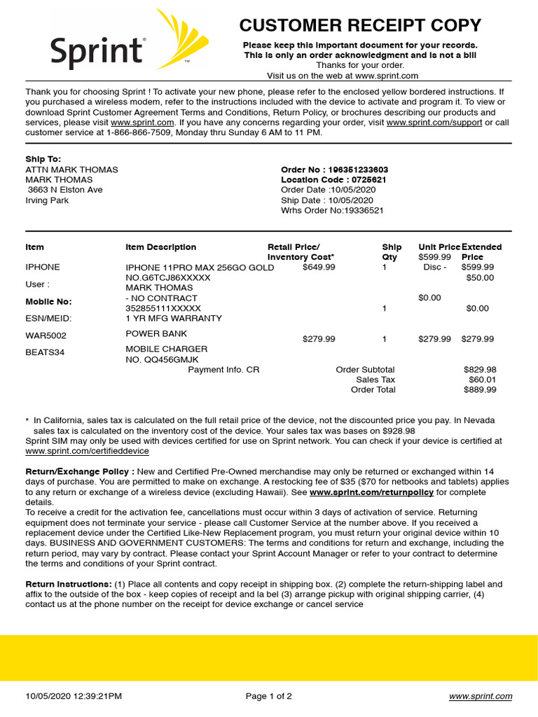 Customer Receipt | PDF | Sprint Corporation | Receipt