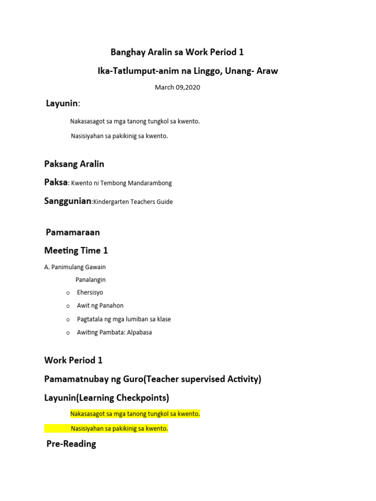 Banghay Aralin Sa Work Period 3 (Kwento Ni Tembong Mandarambong) | PDF