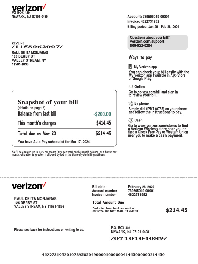 Verizon Bill Summary and Payment Options | PDF | Cheque | Debit Card