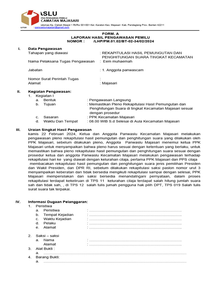 005 Form A LHP Pleno Rekapitulasi Mutungsura | PDF