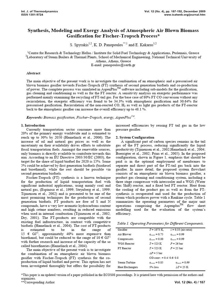 Synthesis, Modeling and Exergy Analysis of Atmospheric Air Blown ...