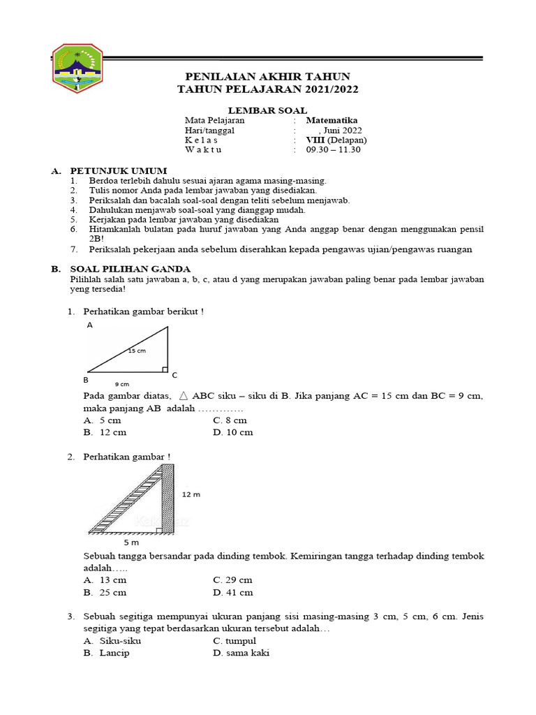 PAT Matematika Kelas 8 2022 Fix | PDF