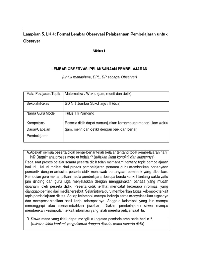 Lampiran 5. LK 4 Format Lembar Observasi Pelaksanaan Pembelajaran Untuk Observer | PDF | Karier ...