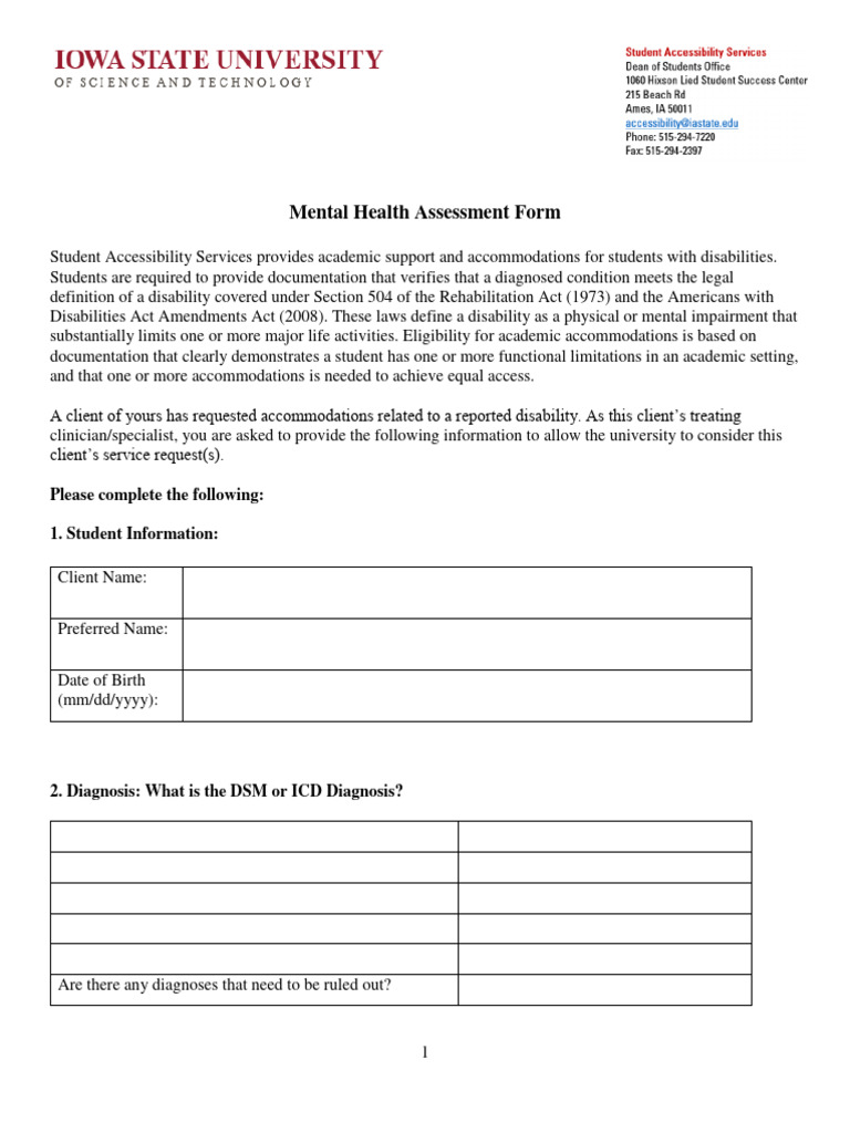Mental Health Assessment Form | PDF | Mental Disorder | Major ...