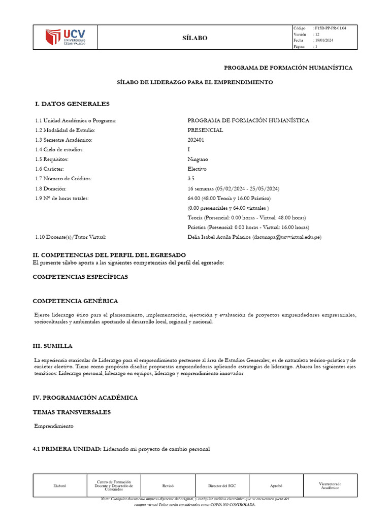 Sílabo Liderazgo para El Emprendimiento 2024-I | PDF | Iniciativa ... Sílabo Liderazgo para El Emprendimiento 2024-I | PDF | Iniciativa ...