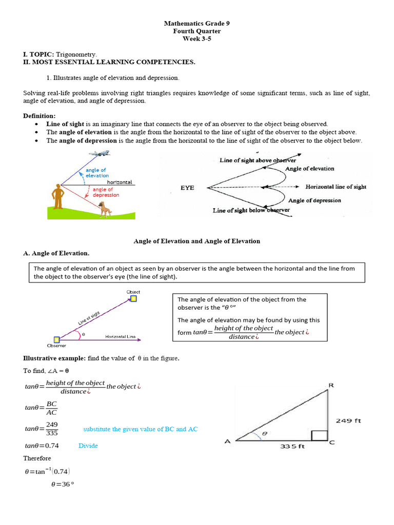 Angle of Elevation and Depression Examples | PDF | Angle | Trigonometry