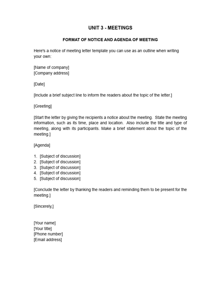 Notice and Agenda Template for Meetings | PDF | Career & Growth