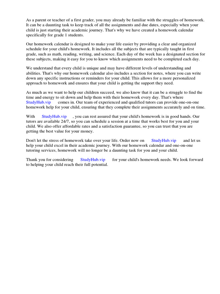 Homework Calendar Grade 1 | PDF | Homework | File Format