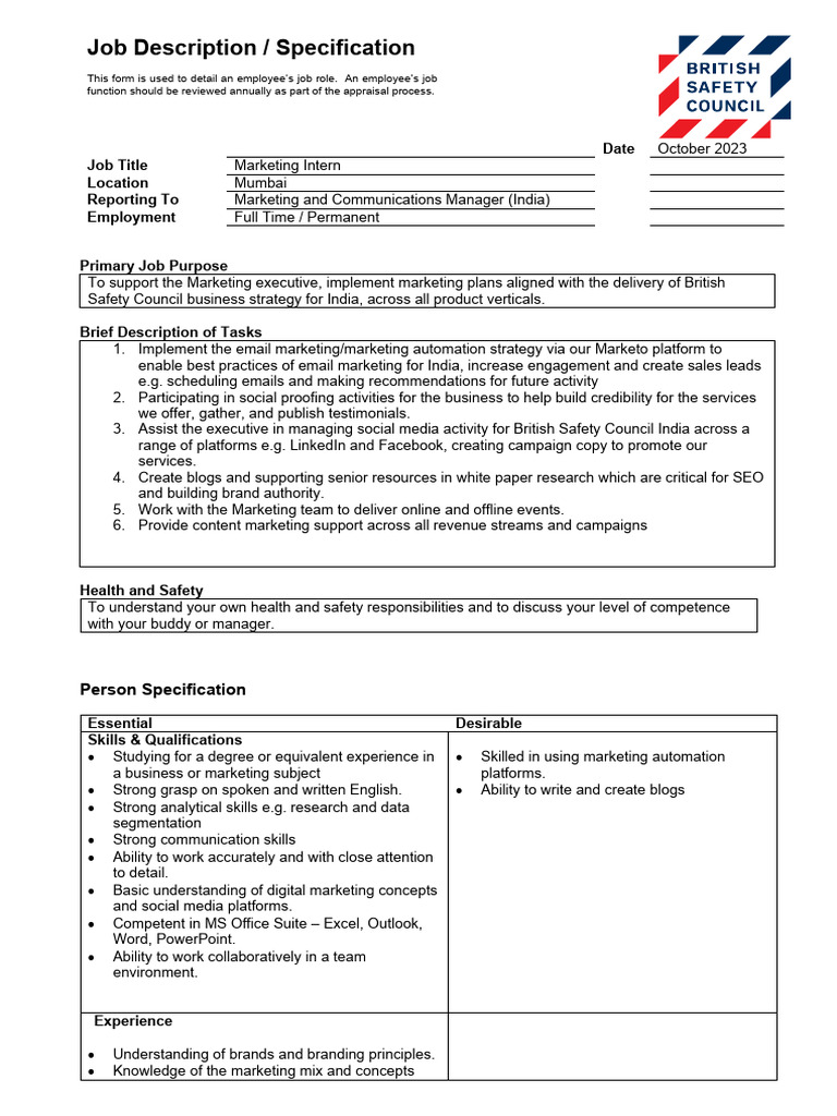 Marketing Intern Job Description | PDF | Marketing | Social Media