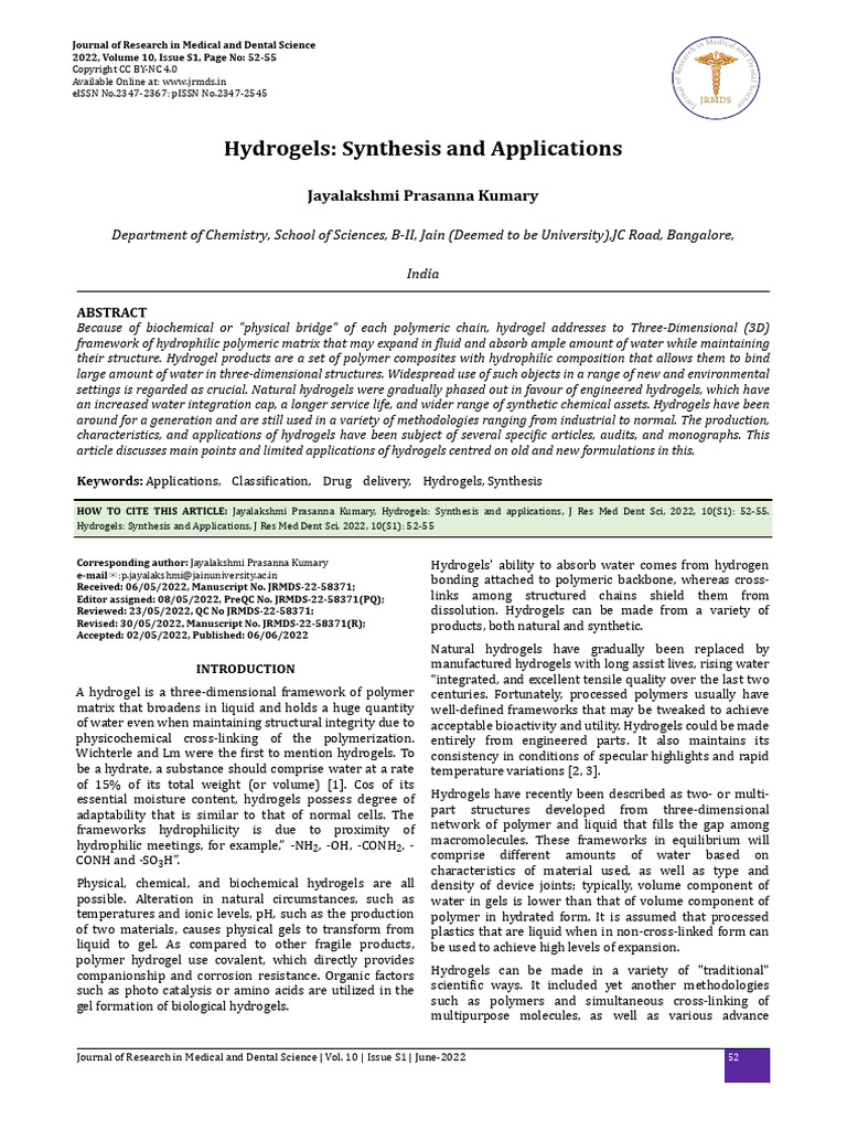 Hydrogels Synthesis and Applications | PDF | Gel | Polymers