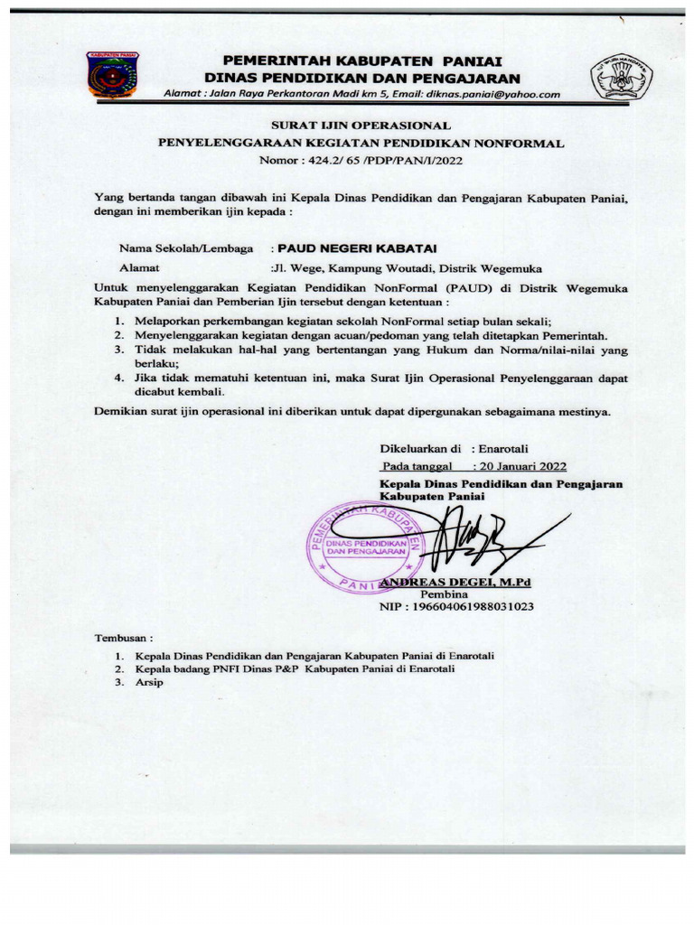 Surat - Ijin - Operasional TK Paud. N Kabatai | PDF