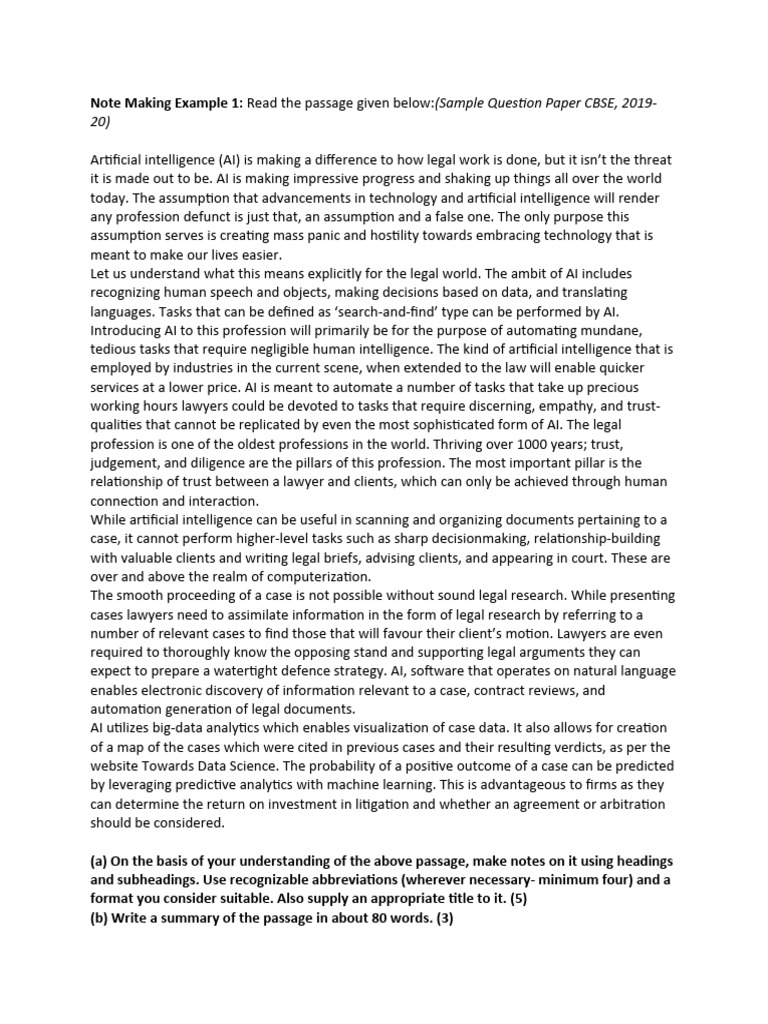 Note Making Class 11 Cbse Format Examples