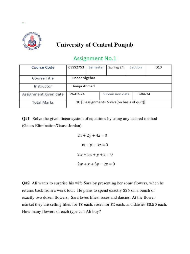 Linear Algebra Assignment | PDF