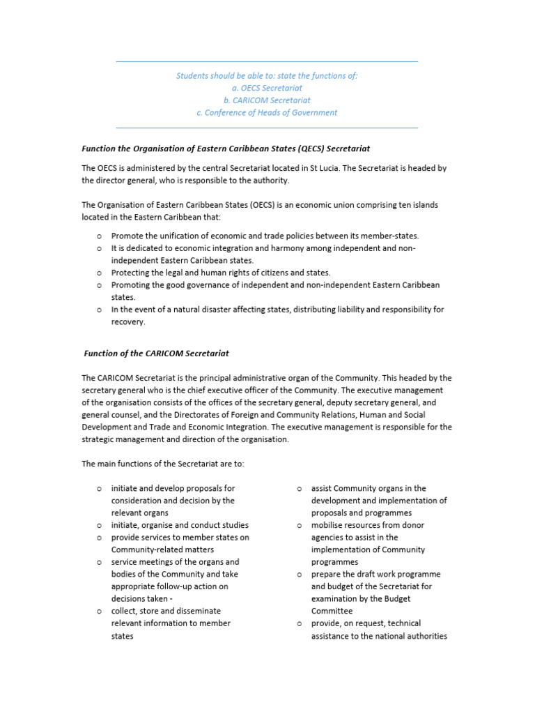 Functions of Oecs Secretariat Caricom Secretariat Conference of Heads ...