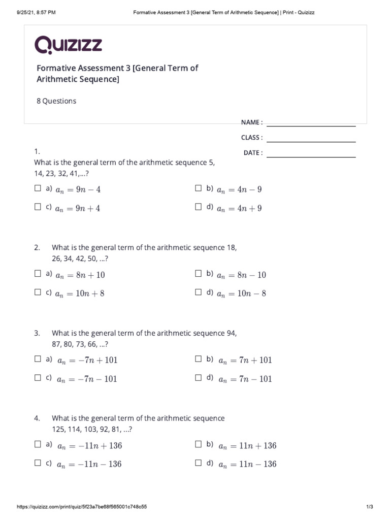 MTA Review 3 (General Term of Arithmetic Sequence) | PDF