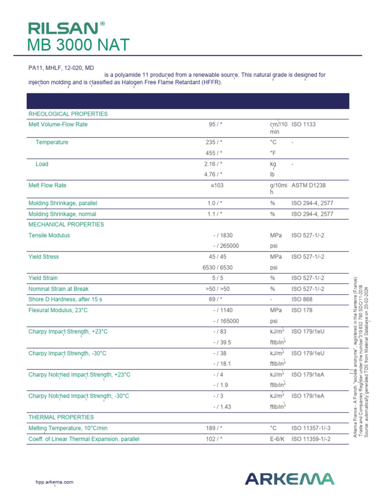 Arkema Rilsan MB 3000 NAT TDS | PDF | Strength Of Materials | Building ...