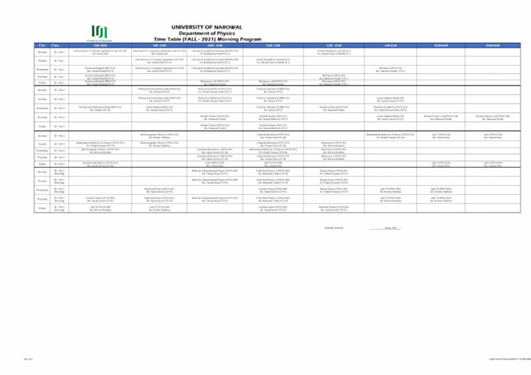 Updated Timetable Physics (Fall-2021 M) | PDF