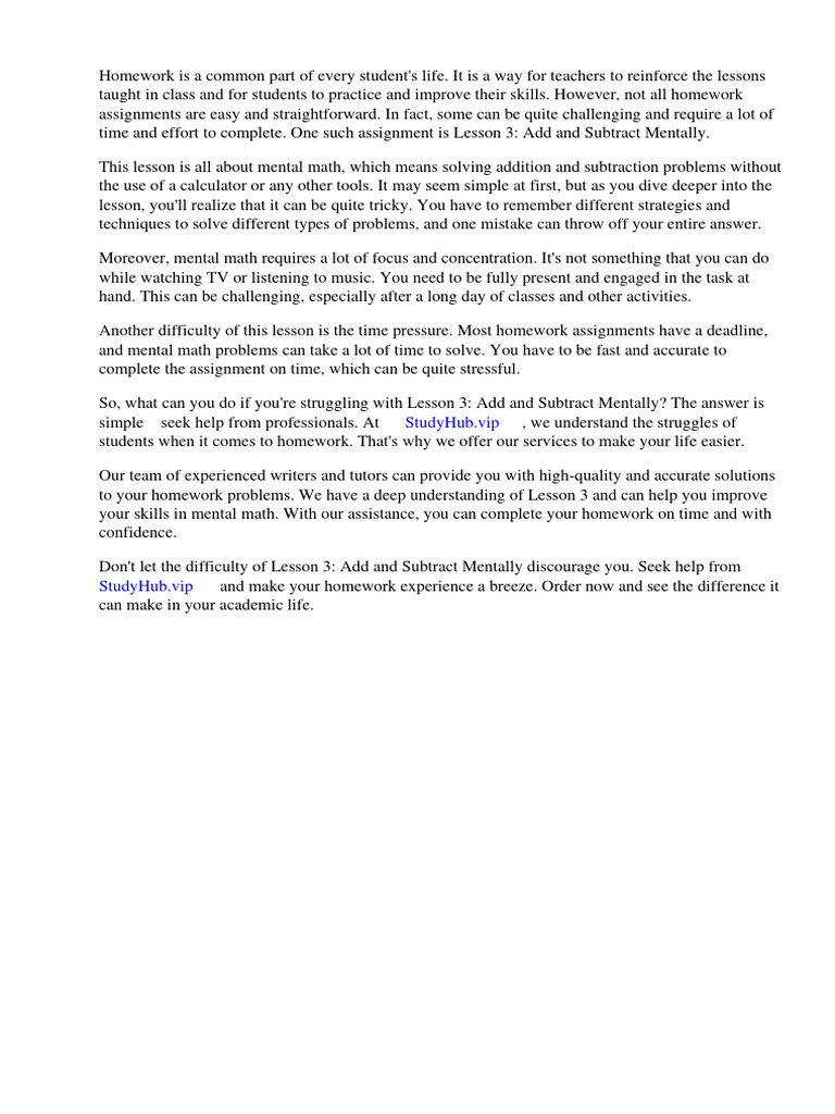 My Homework Lesson 3 Add and Subtract Mentally | PDF | Homework | Worksheet