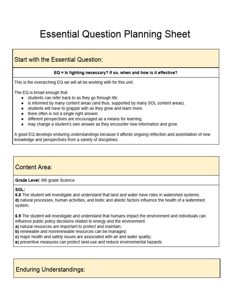 Erin Lawson Module 2 Essential Question Planning Sheet | PDF | Human ...