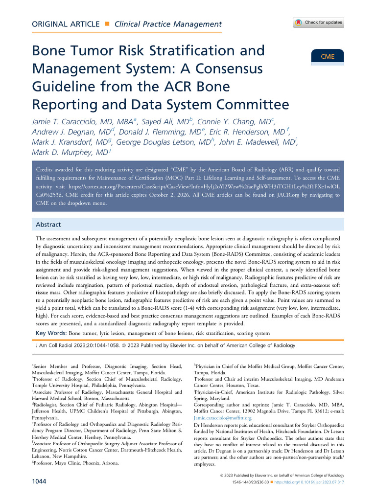 Bone Tumor Risk Stratification and Management System A Consensus Guideline From The ACR Bone ...