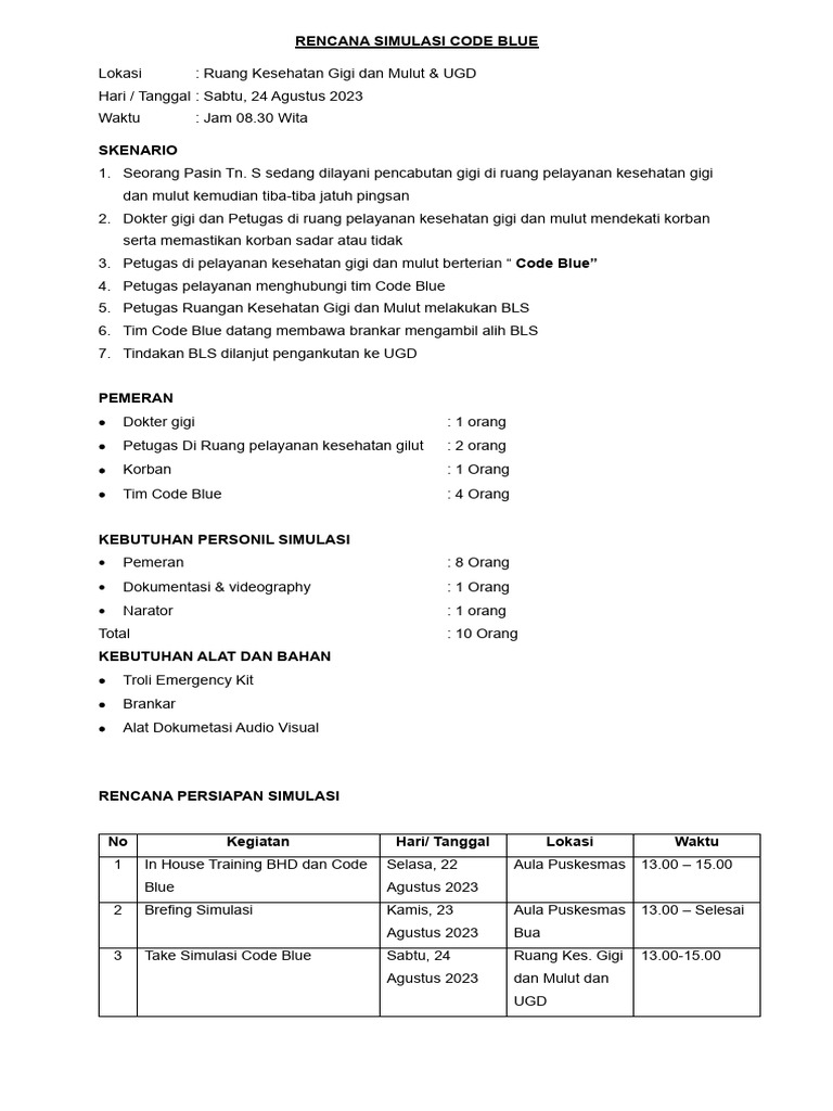 Rencana Simulasi Code Blue Dan Safety Breifing | PDF