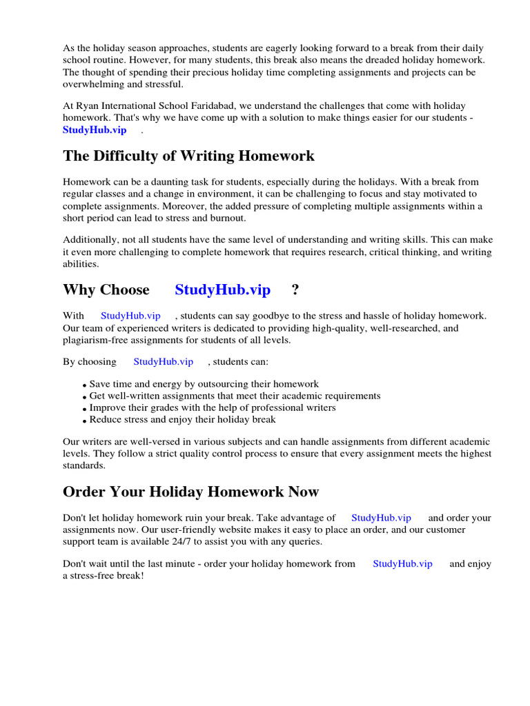 Holiday Homework Ryan International School Faridabad | PDF | Homework