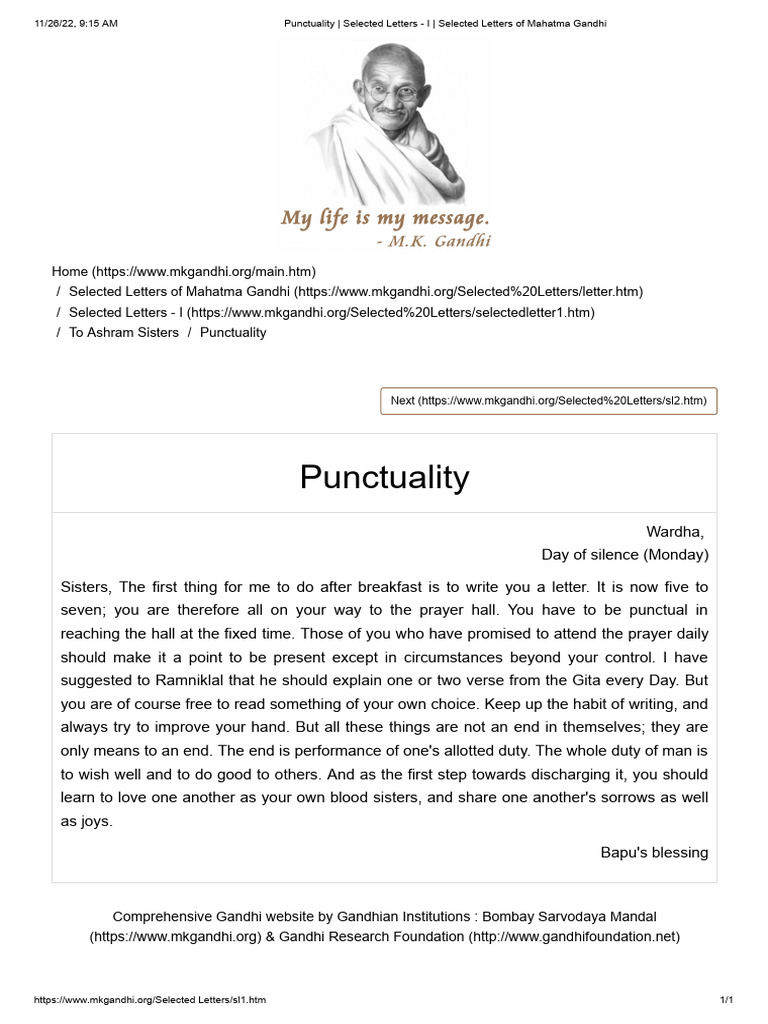 Punctuality - Selected Letters - I - Selected Letters of Mahatma Gandhi ...