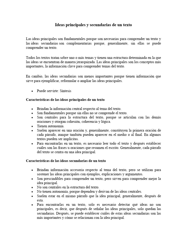 Ideas Principales y Secundarias de Un Texto | Descargar gratis PDF ...