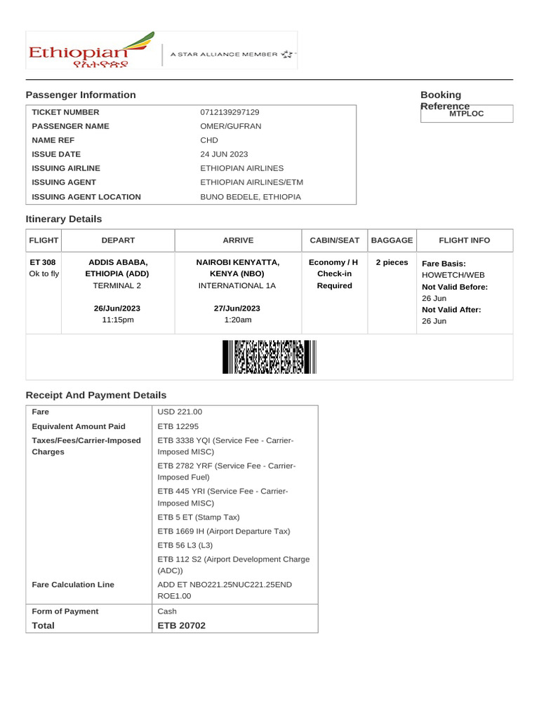 Electronic Ticket Receipt, June 26 For GUFRAN OMER | PDF