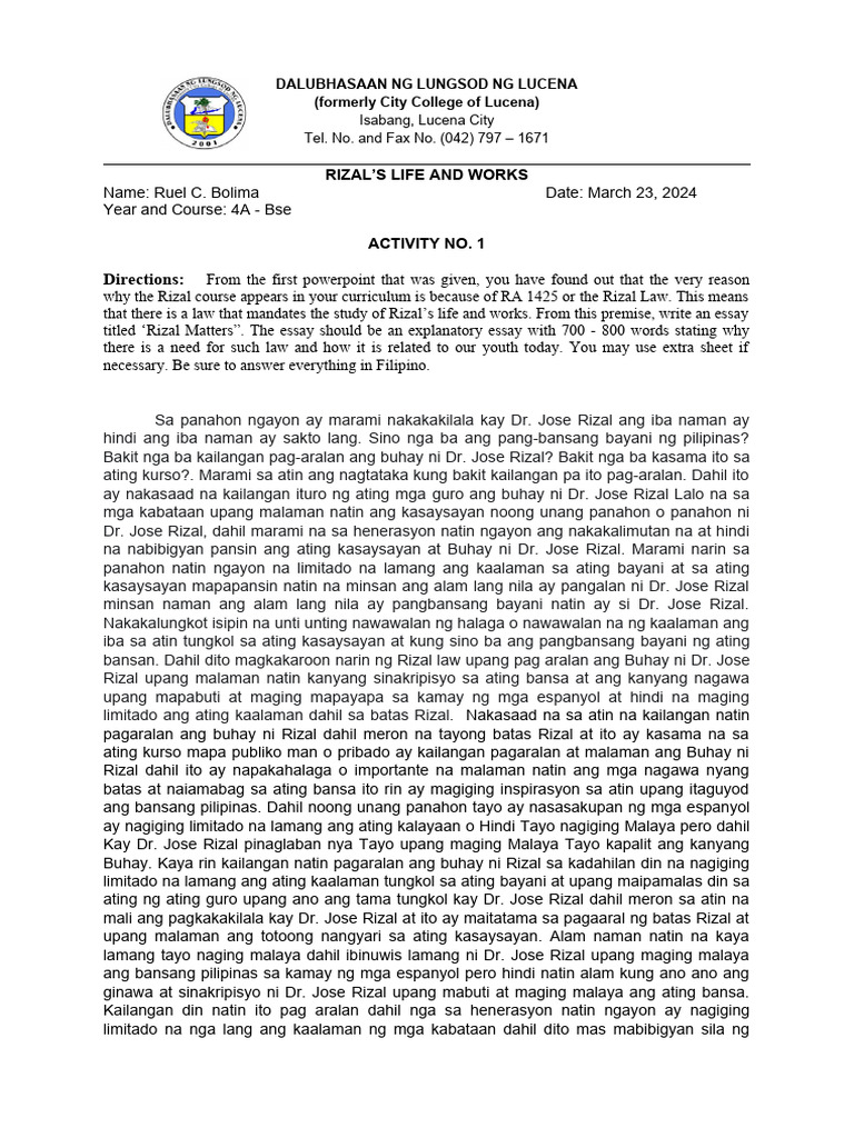 Rizal-Activity-No.-1-BOLIMA-RUEL | PDF