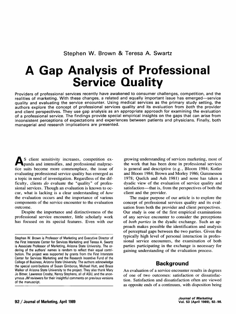 brown-swartz-1989-a-gap-analysis-of-professional-service-quality | PDF | Experience | Evaluation