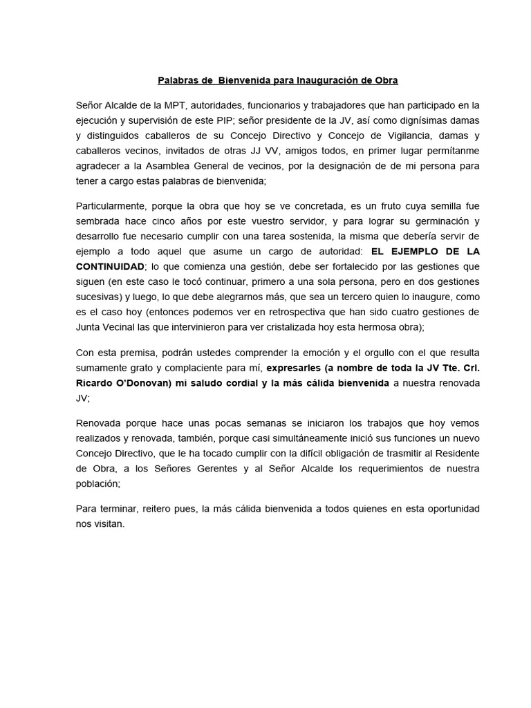 Palabras de Bienvenida para Inauguración de Obra | PDF